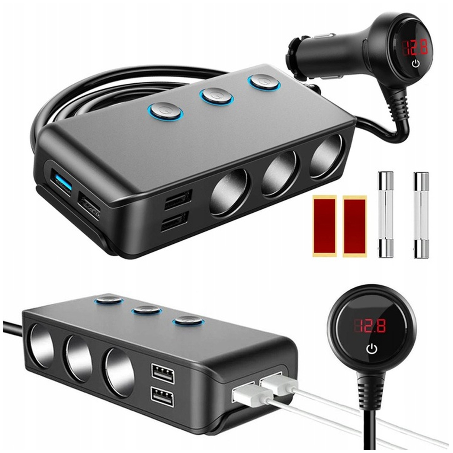 Rozdzielacz gniazda zapalniczki x3 samochodowy 4x USB QC 12-24V Ładowarka Adapter przełącznik ...