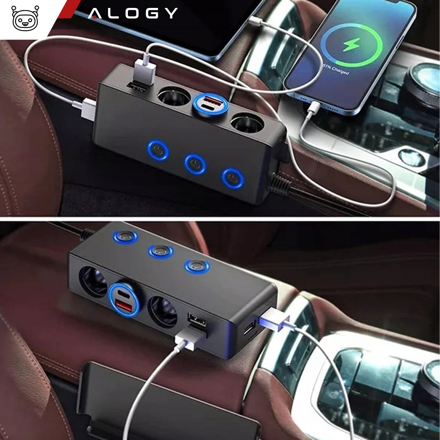 Rozdzielacz gniazda zapalniczki x3 samochodowy 4x USB QC 12-24V Ładowarka Adapter przełącznik ...