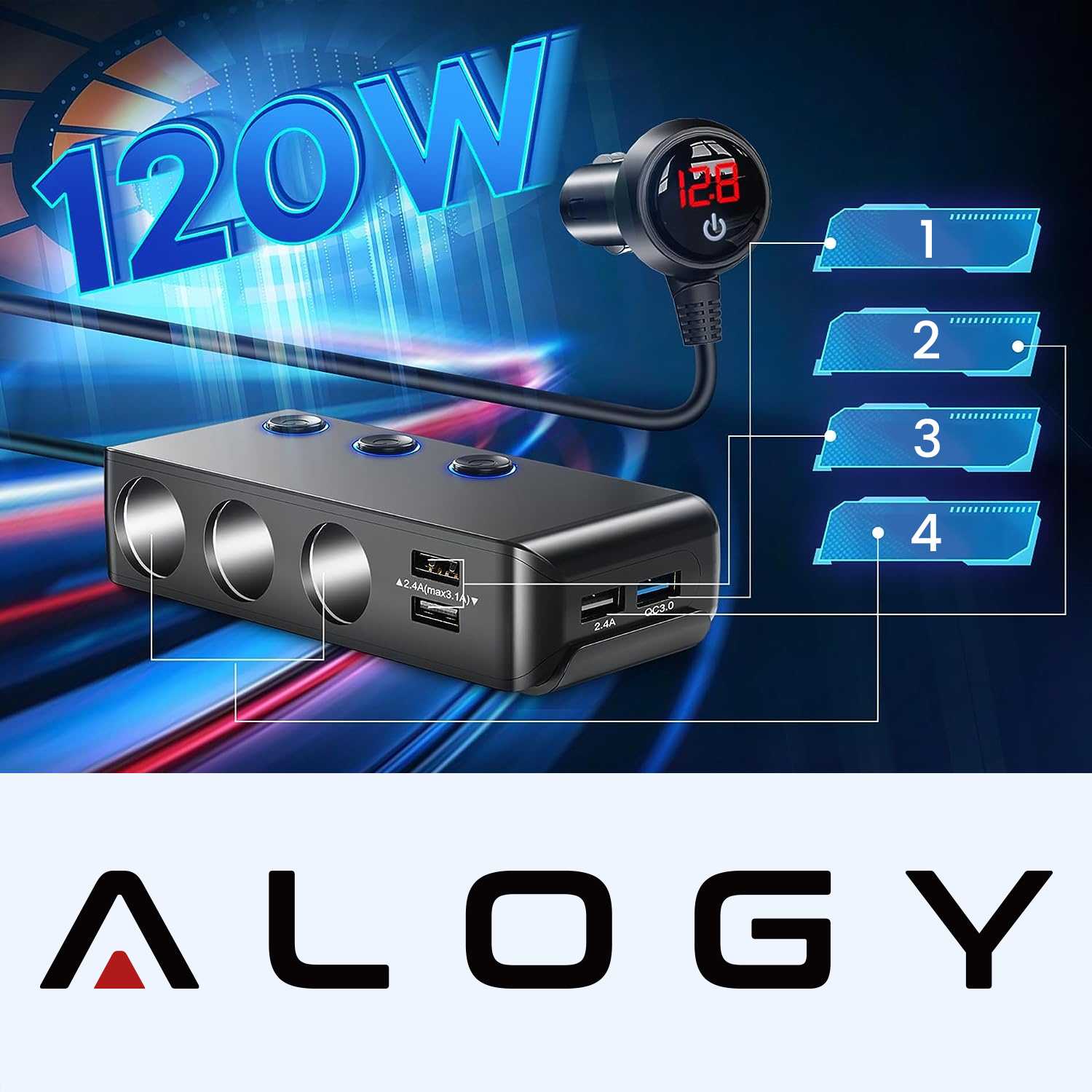 Rozdzielacz gniazda zapalniczki x3 samochodowy 4x USB QC 12-24V Ładowarka Adapter przełącznik ...